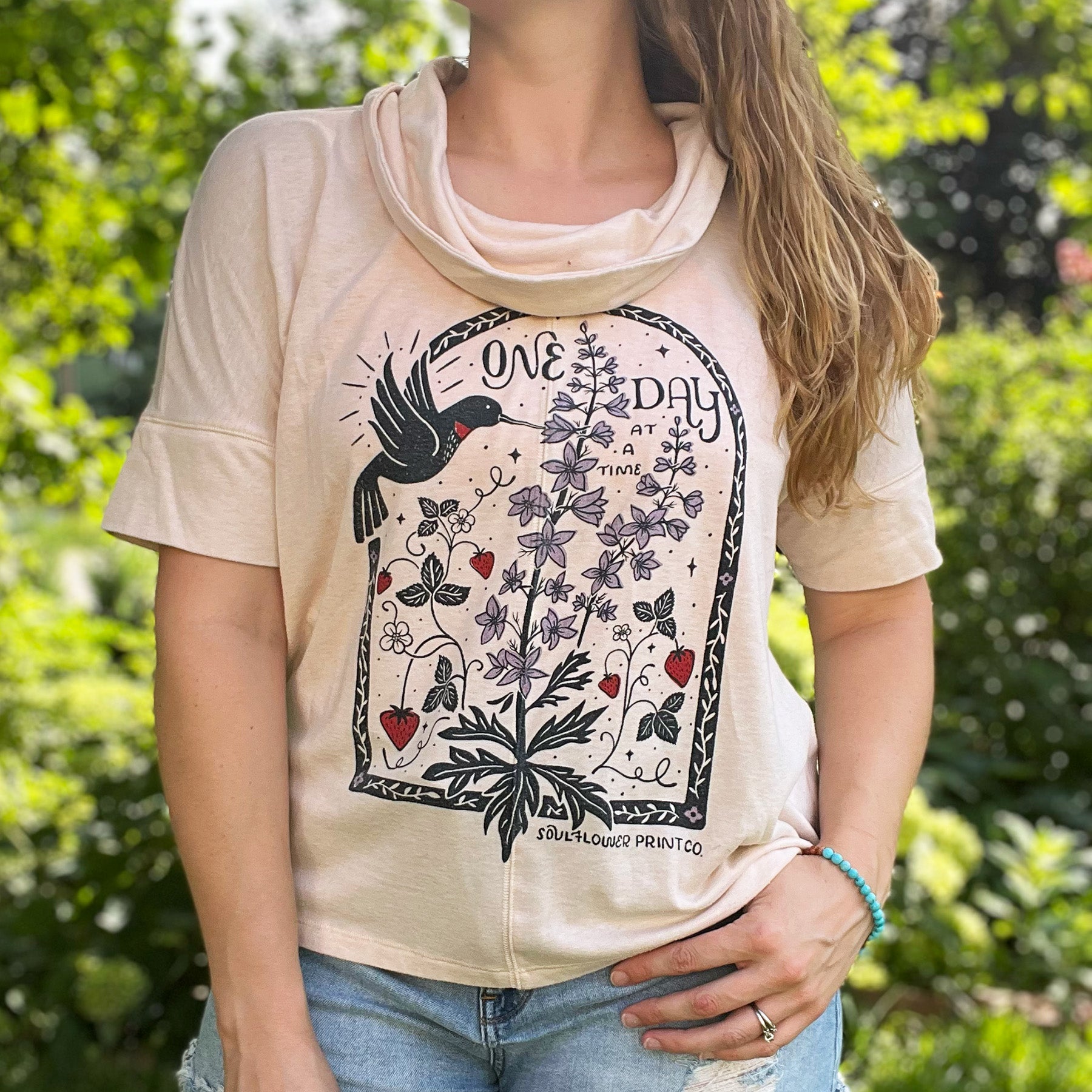 One Day at a Time | July Birth Flower | Light Pink Cowl Neck Top | Med ...